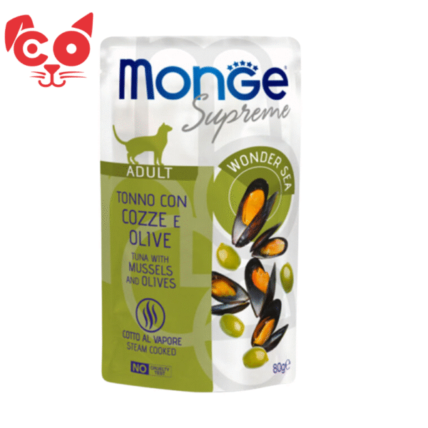 POUCH MONGE GATO ADULTO ATUN , ACEITUNA Y ALMEJA 80 G – MascotasCO